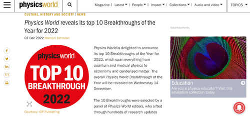 Physics World公布2022年度十大突破，潘建伟团队成果入选